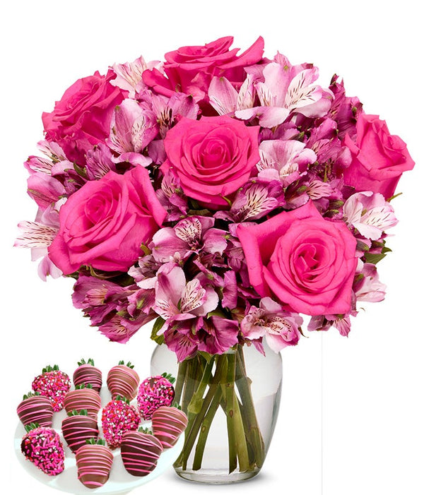 Ma Chère Rose with Chocolate Covered Strawberries - The Gift Basket Store