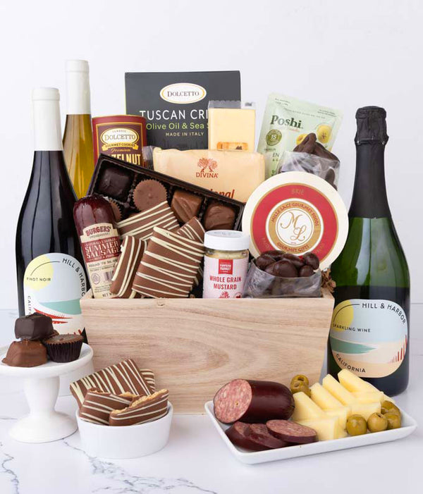 Gourmet Charcuterie & Sweets Gift Basket with Red, White & Sparkling W ...